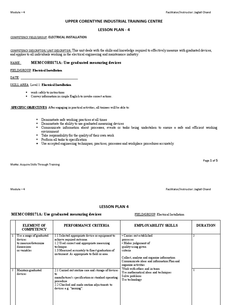 LESSON PLAN-4 - Use Graduated Measuring Devices | PDF | Competence ...