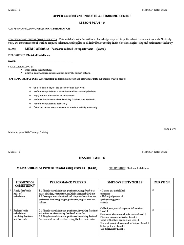 LESSON PLAN-6 - Perform Related Computations - (Basic) | PDF | Facilitator | Fraction (Mathematics)