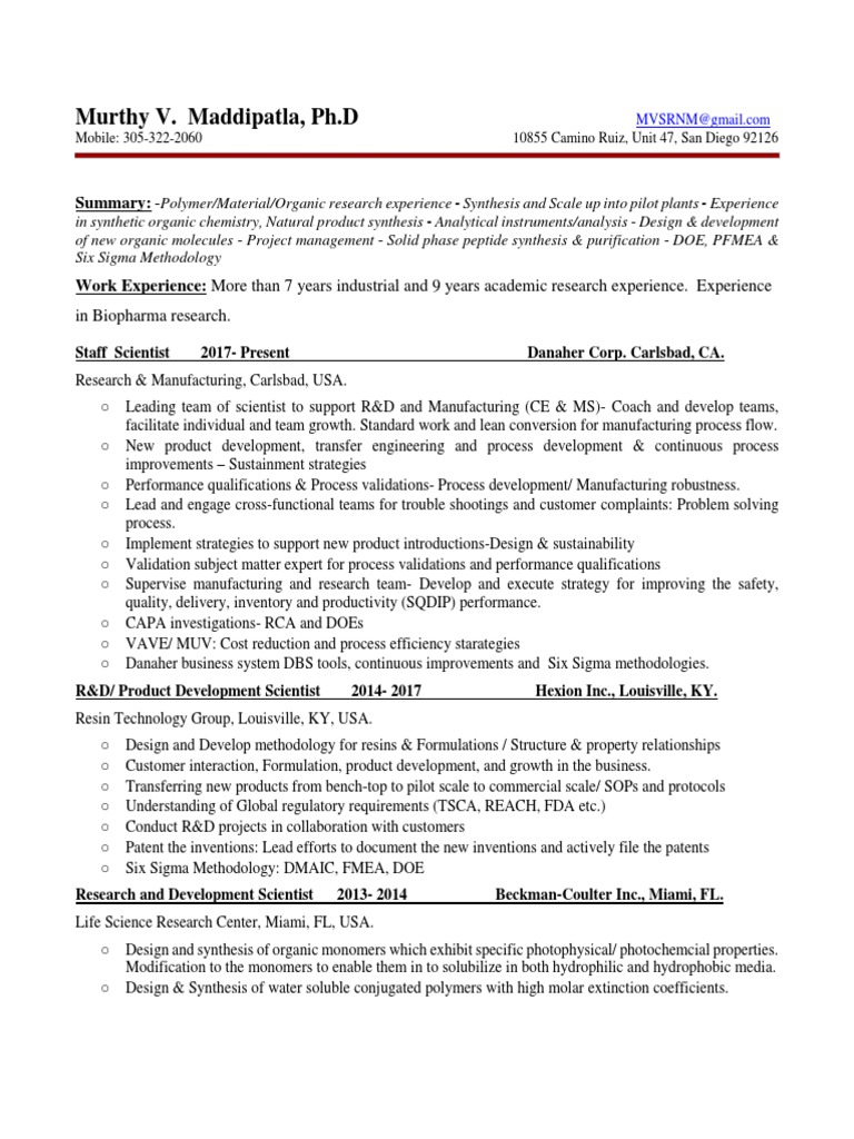 Resume Murthy Maddipatla-Nov2020 PDF | PDF | Polymers | Macromolecules