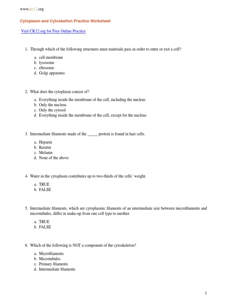 Cytoplasm & Cytoskeleton Quiz | PDF | Cytoskeleton | Cytoplasm