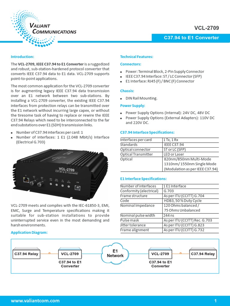 Aliant Ommunications Vcl 2709 Ieee C37 94 To E1 Converter Pdf