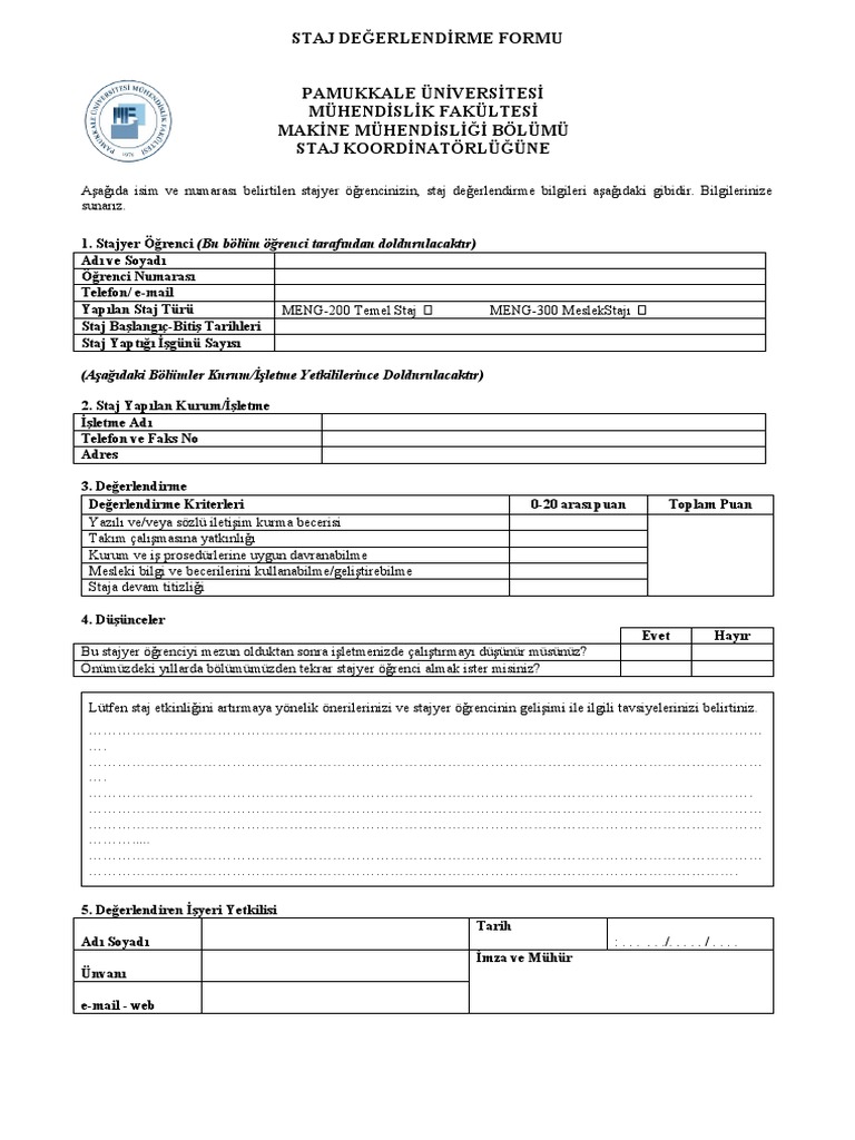 Staj Degerlendirme Formu - Makina | PDF