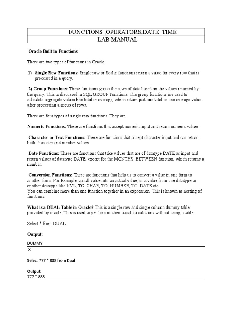 Functions, Operators, Date - Time Lab Manual: Dummy X Select 777 888 ...