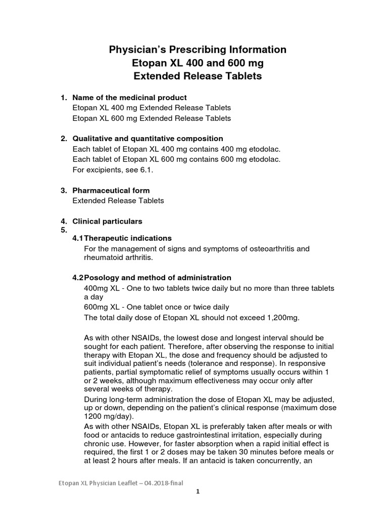 Physician's Prescribing Information Etopan XL 400 and 600 MG Extended ...