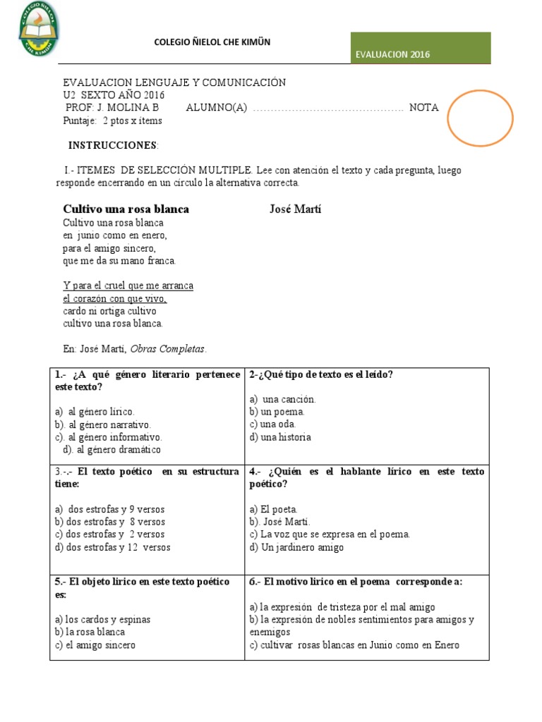 6lenguaje Eval U2 2 | PDF | Poesía | Idiomas