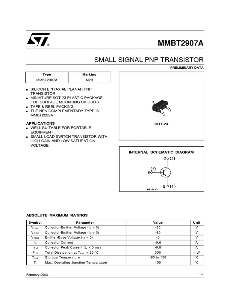MMBT2907A: Small Signal PNP Transistor | PDF | Bipolar Junction ...