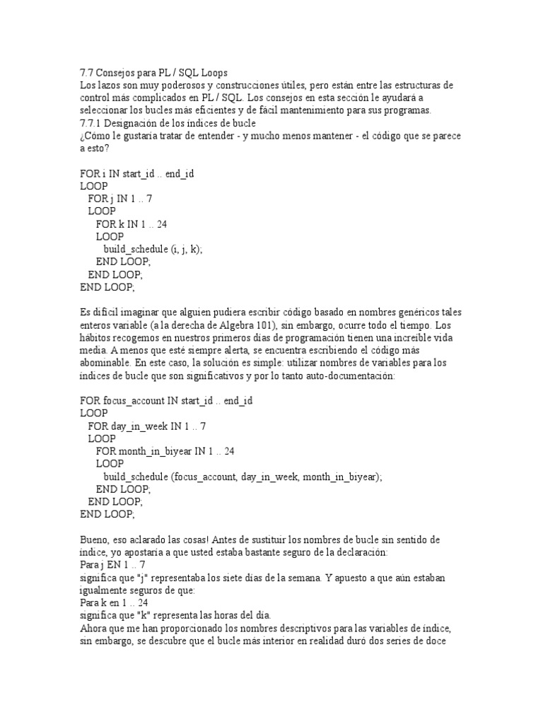 Buenas Practicas For Loop PL-SQL Oracle - 1 Esp | PDF | SQL | Pl / Sql Buenas Practicas For Loop PL-SQL Oracle - 1 Esp | PDF | SQL | Pl / Sql