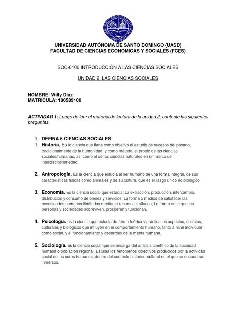 Actividad 1. Unidad 2. | PDF | Ciencias sociales | Sociología