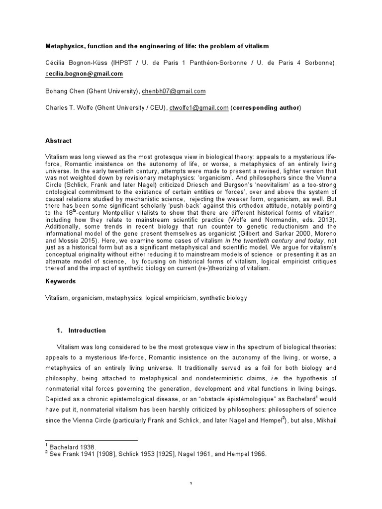 Metaphysics, Function and The Engineering of Life: The Problem of ...