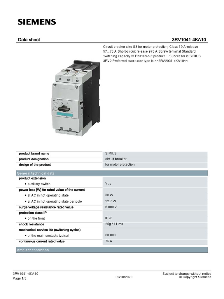 3RV10414KA10 Datasheet en | PDF | Alternating Current | Electrical Engineering