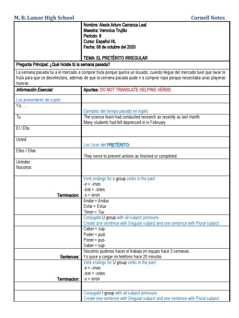 2020 Esp SL2 Apuntes de Cornell Del Preterito Irregular | Descargar ...