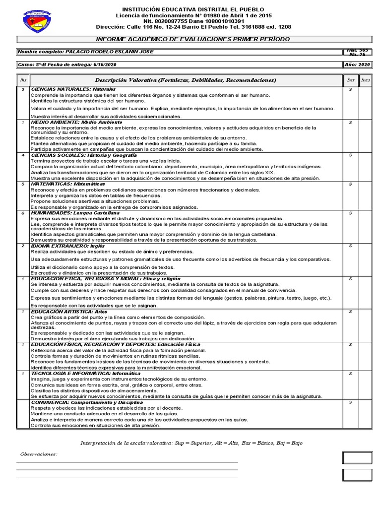 Informe Académico de ESLANIN JOSE PALACIO RODELO - Período 1° Año 2020 ...