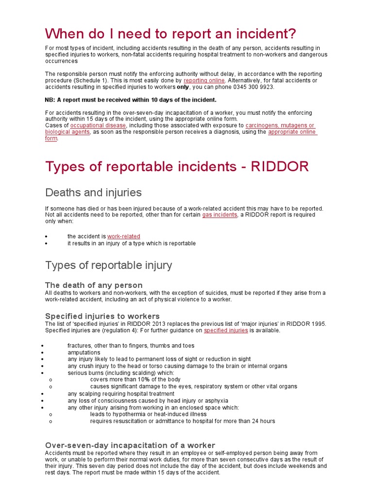 RIDDOR Types of Reportable Incidents | PDF | Diseases And Disorders ...