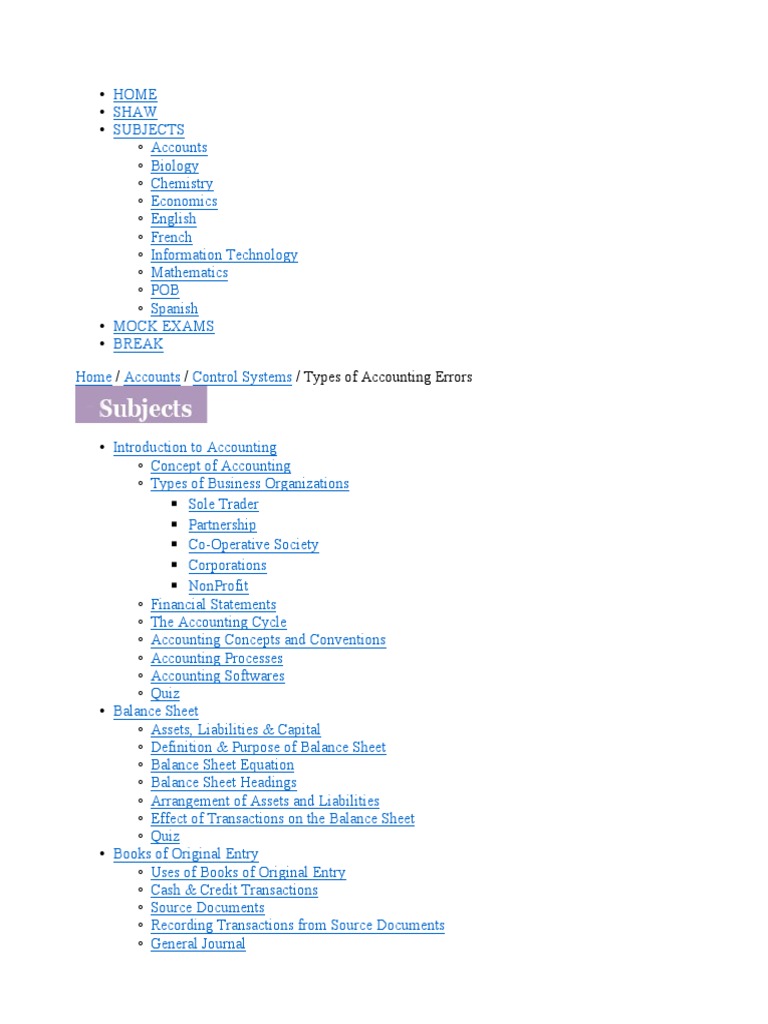 Types of Accounting Errors | PDF | Balance Sheet | Debits And Credits