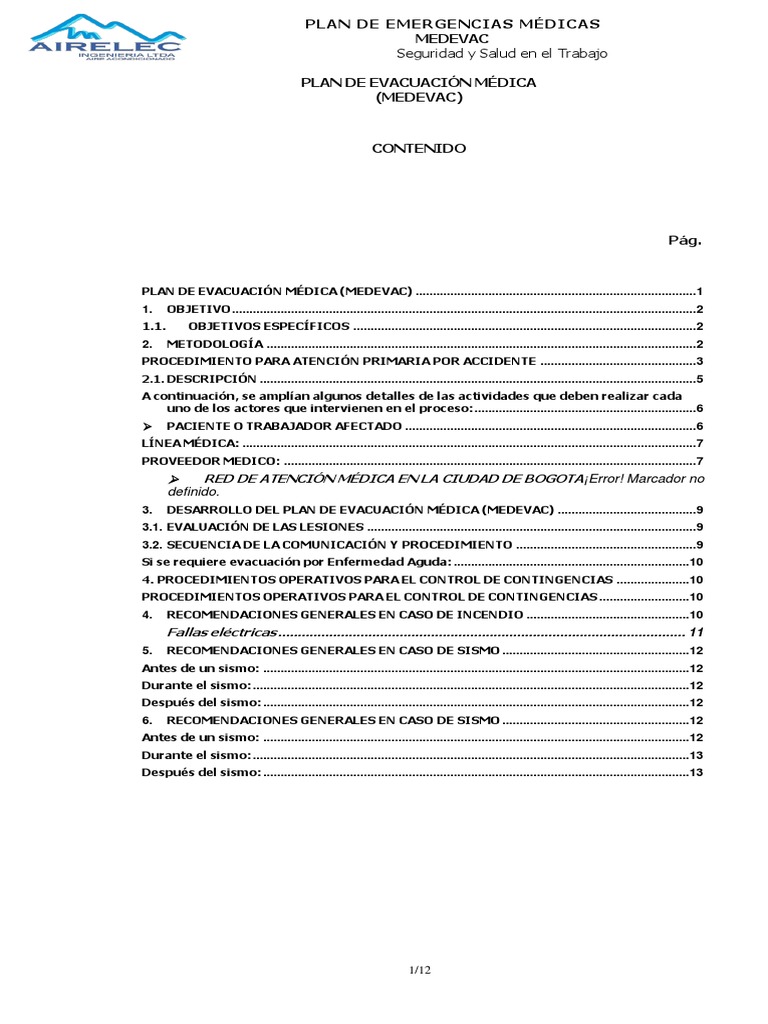 Plan de Evacuación Médica (MEDEVAC) | PDF | Lesión | Primeros auxilios
