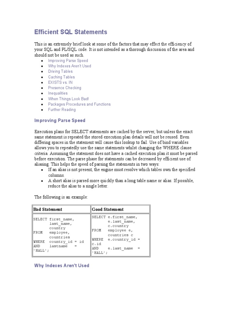 Efficient SQL Statements | PDF | Database Index | Cache (Computing) Efficient SQL Statements | PDF | Database Index | Cache (Computing)