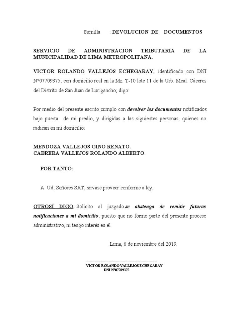 Escrito de Devolucion Sat | PDF