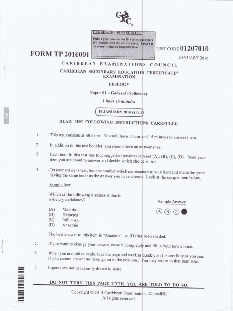 CSEC Biology January 2016 P1 PDF | PDF
