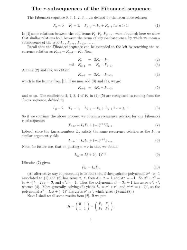 Fibonacci Pdf Recurrence Relation Mathematical Relations