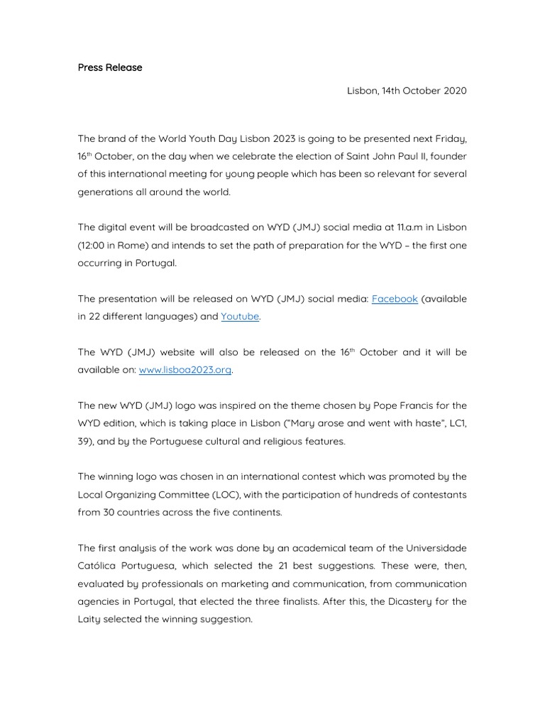 Lisboa2023 WYD Press Release WYD Logo | PDF | Catholic Church | Pope