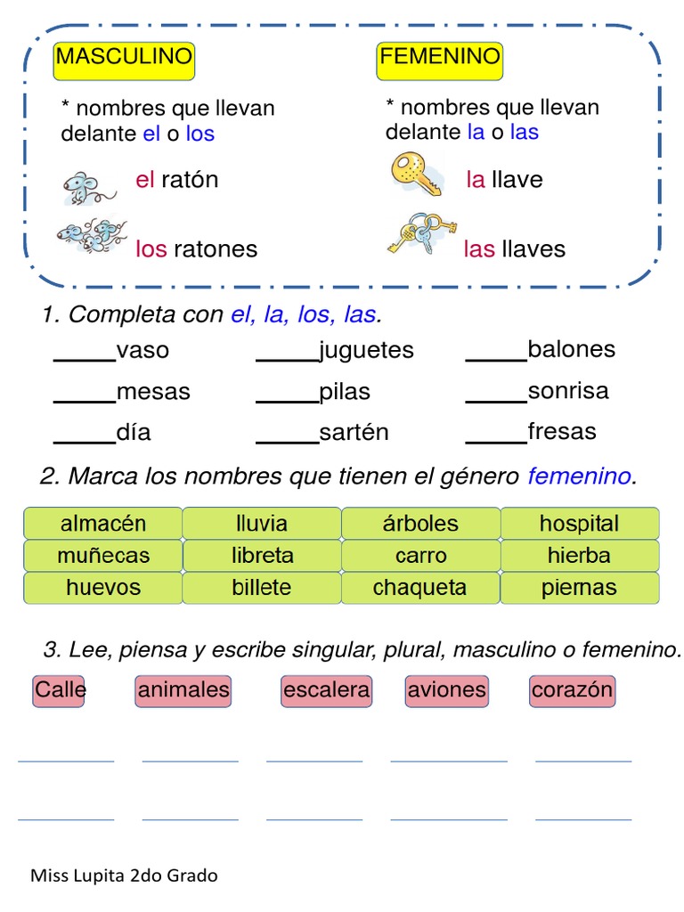 Género gramatical en español: Ejercicios sobre artículos determinados e ...
