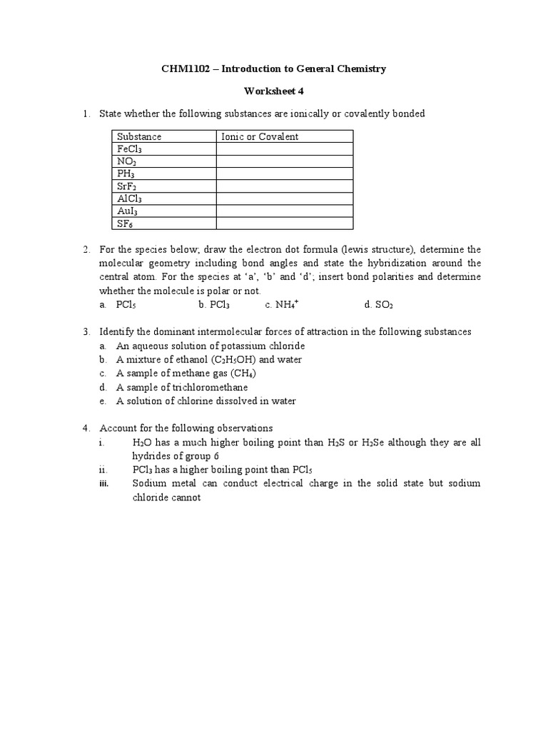 CHM1102 - Introduction To General Chemistry Worksheet 4 | PDF