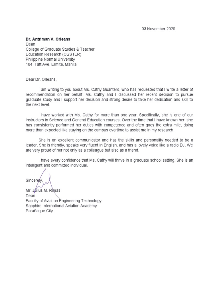 Recommendation Letter For MS Cathy | PDF
