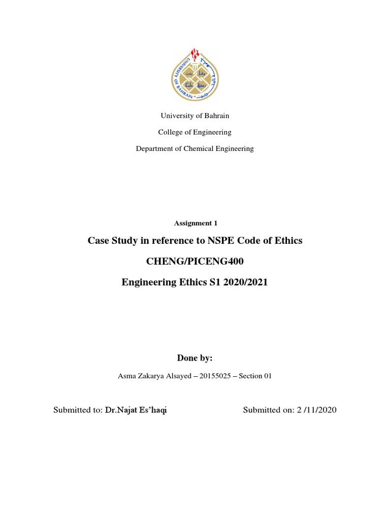 Case Study in Reference To NSPE Code of Ethics Cheng/Piceng400 ...
