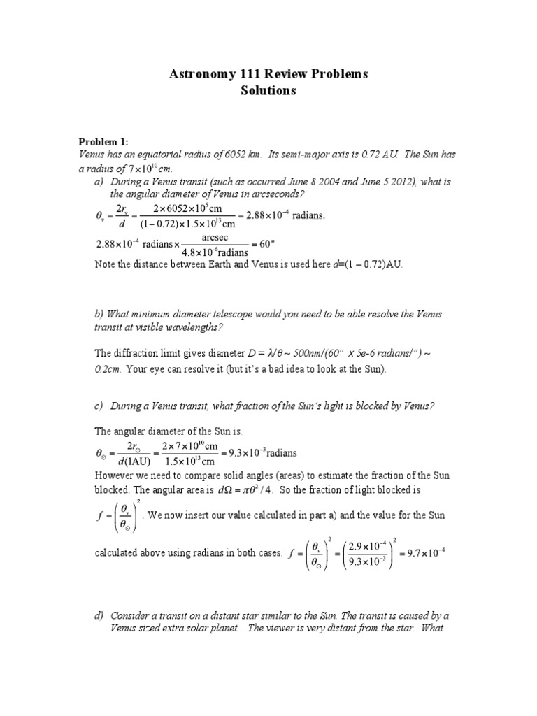 Astronomy 111 Review Problems Solutions: Problem 1 | PDF | Pluto | Stars