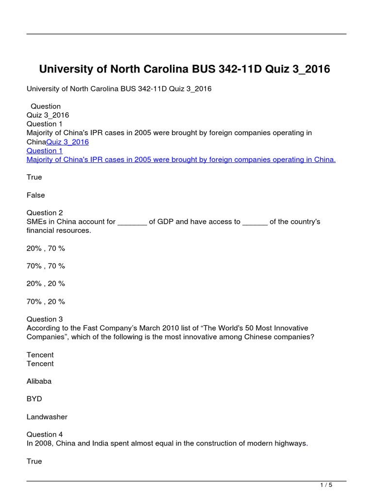 UNC BUS 342 Quiz 3: China Business Facts | PDF