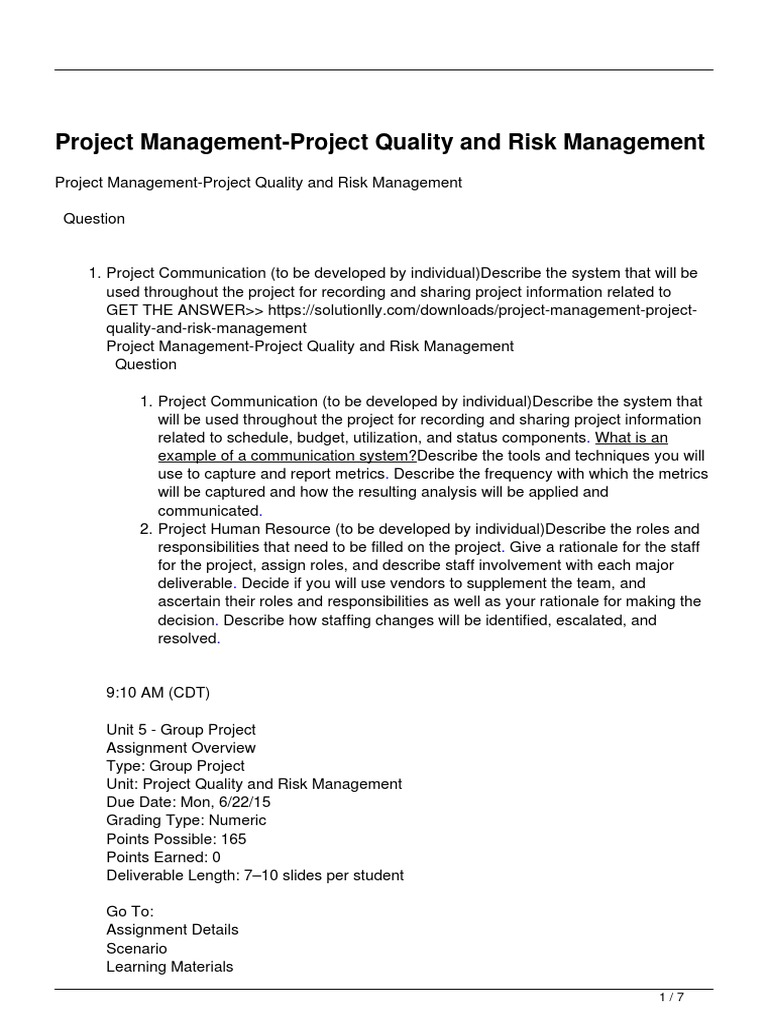 Project Management Project Quality and Risk Management PDF | PDF ...