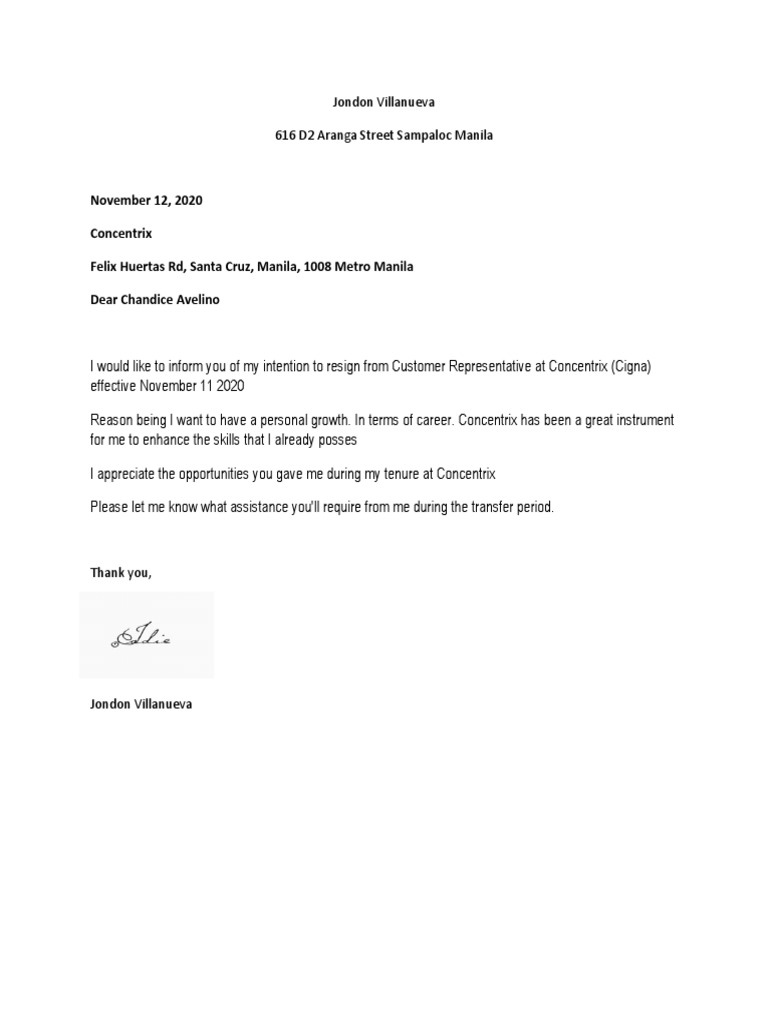 Resignation Letter from Concentrix Employee | PDF | Career & Growth ...