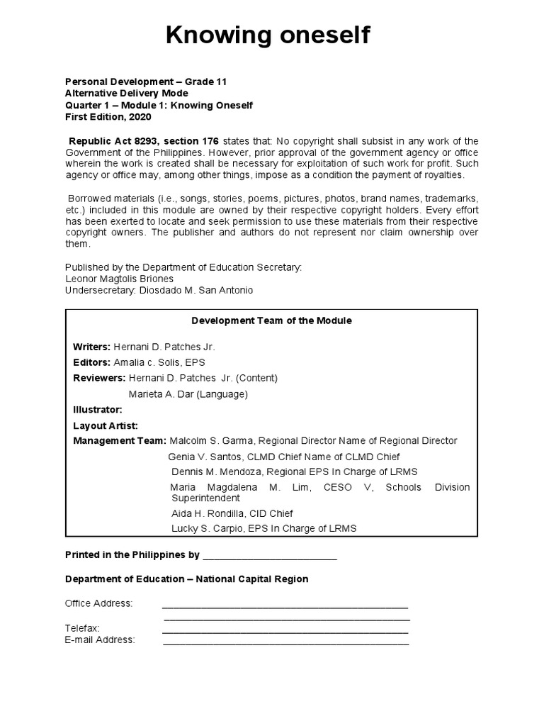 Grade 11 PERDEV Module 1 | PDF | Self | Self Concept
