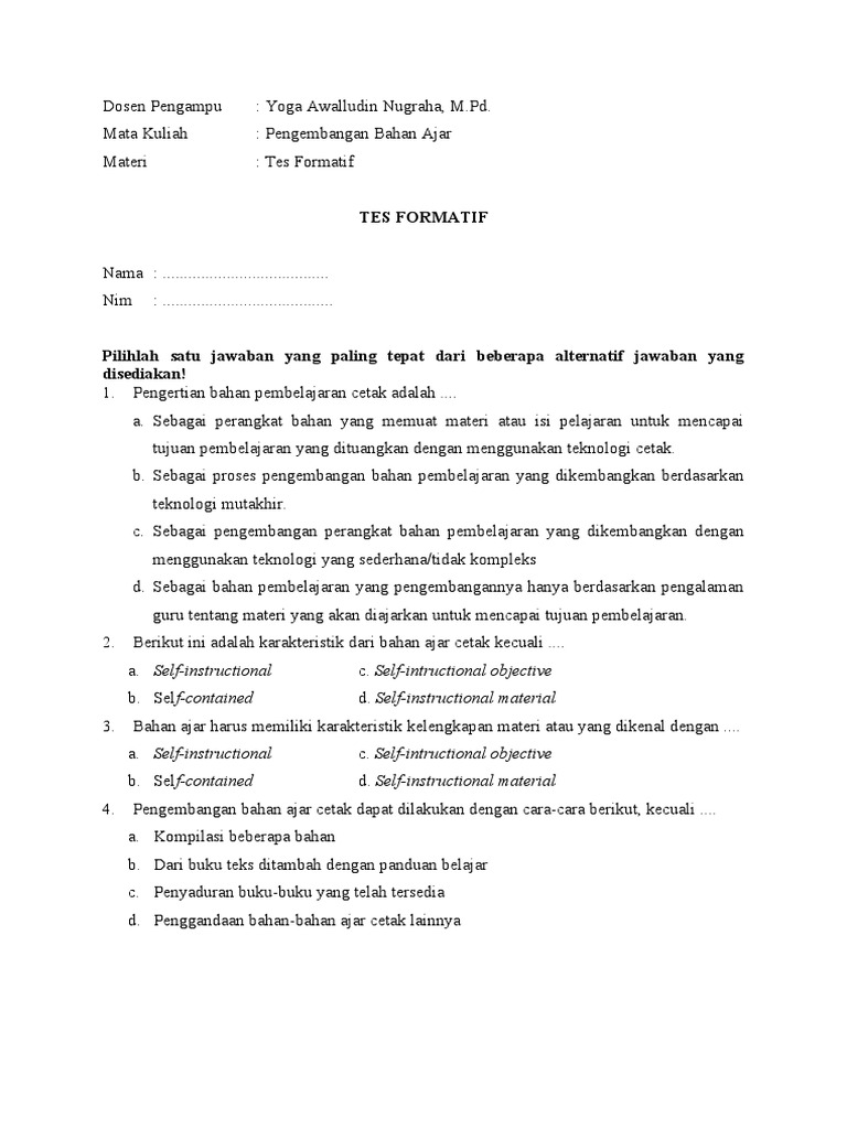 Tes Formatif Pengembangan Bahan Ajar Cetak | PDF