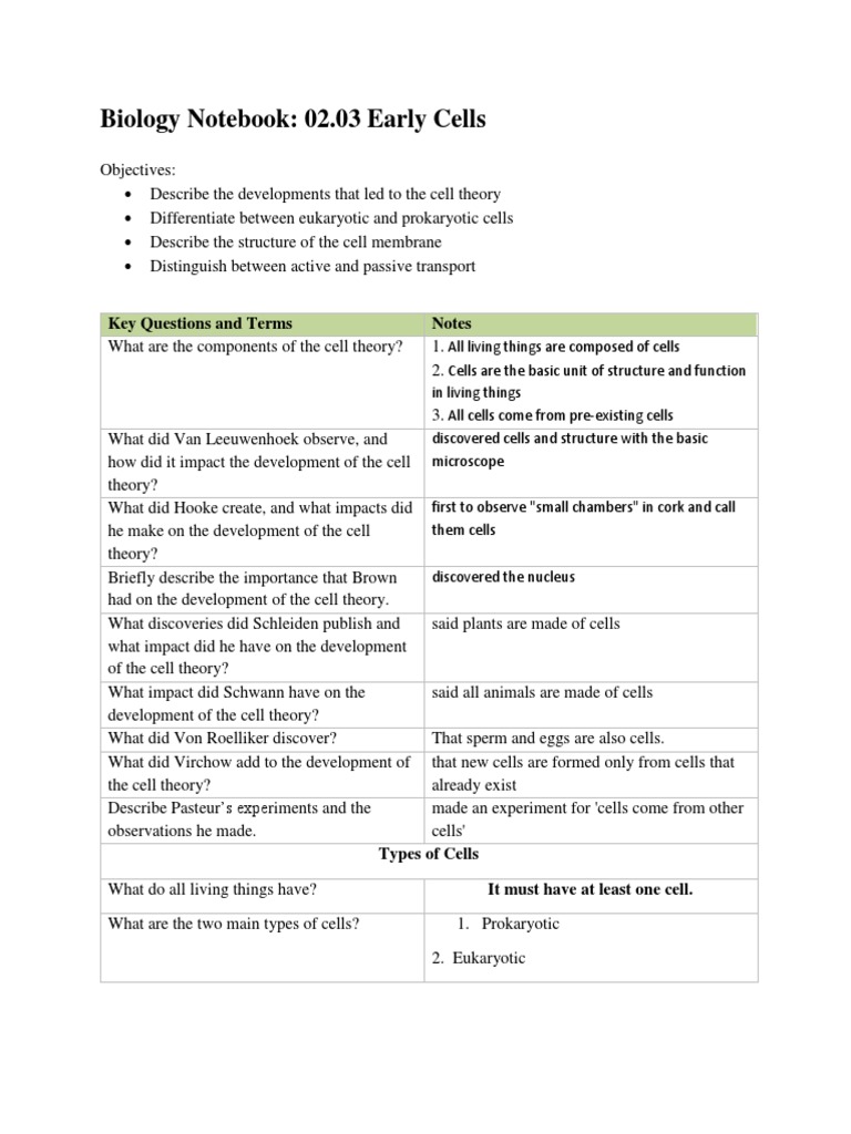 Biology Notebook: 02.03 Early Cells: Key Questions and Terms Notes ...