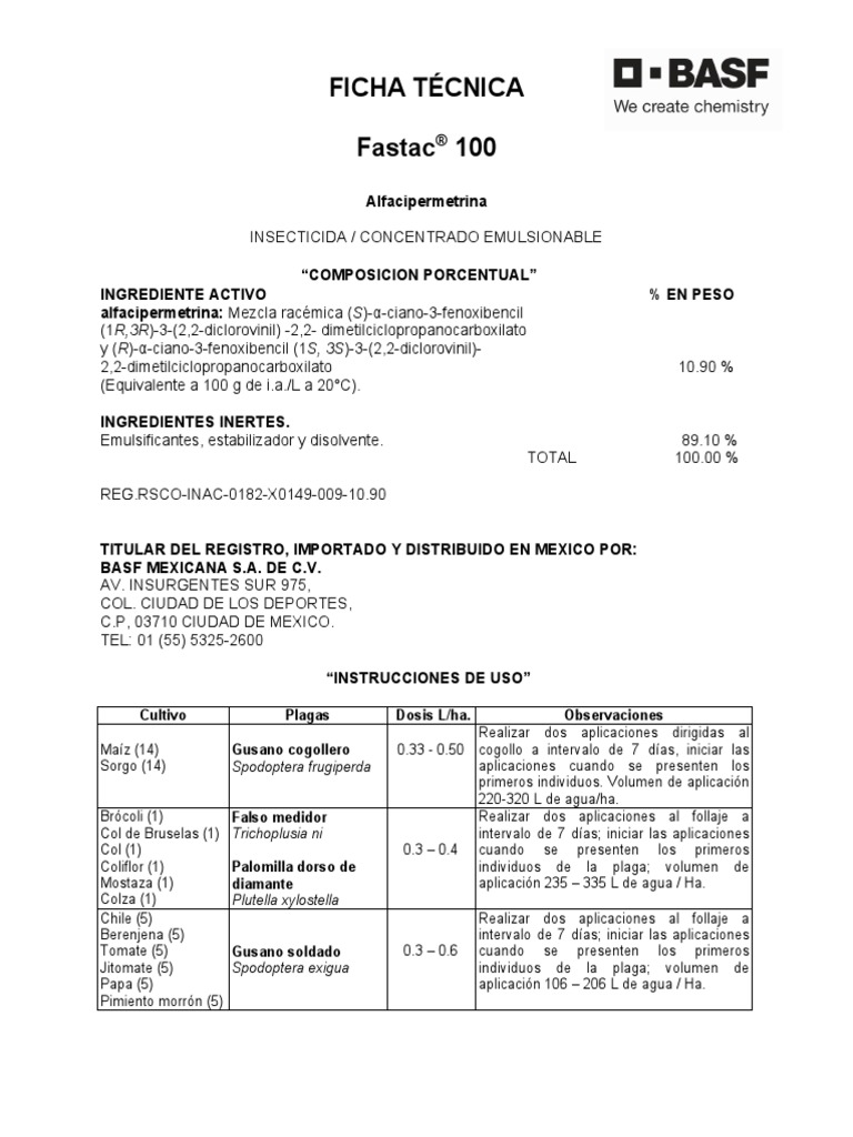 Ficha Técnica - Fastac® 100 | PDF | Cultivos | Plantas