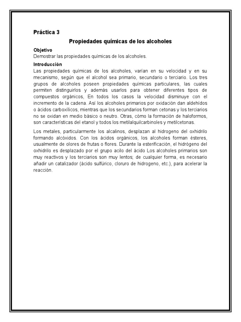 PRACTICA Propiedades químicas de los alcoholes | PDF | Alcohol ...