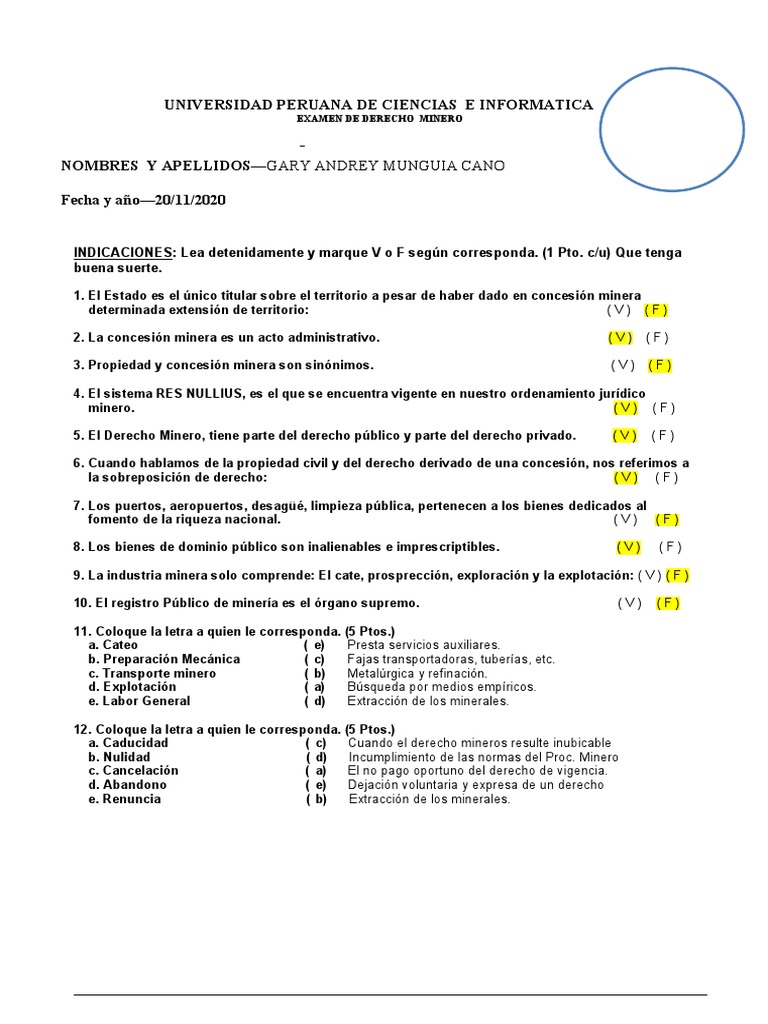 Examen de Derecho Minero Gary Munguia Cano | PDF | Minería | Justicia