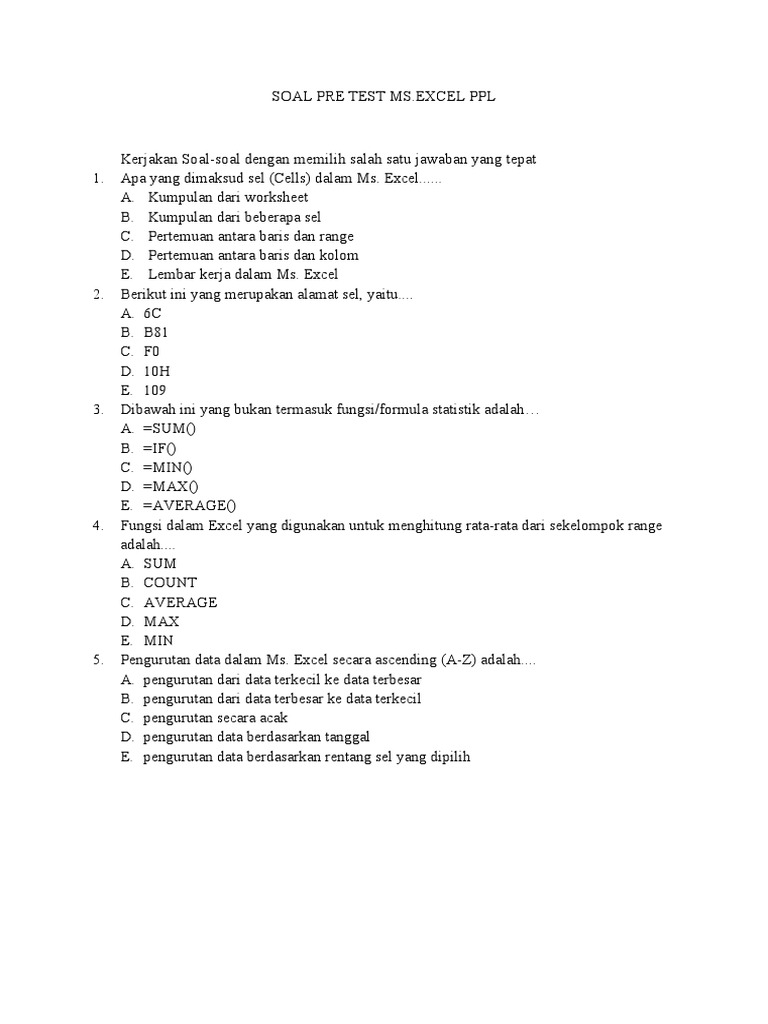 Soal Pre dan Post Test MS Excel | PDF