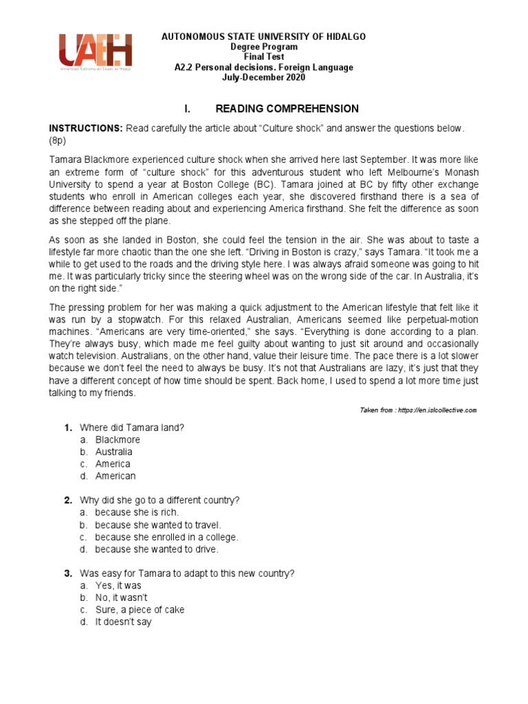 I. Reading Comprehension: INSTRUCTIONS: Read Carefully The Article ...