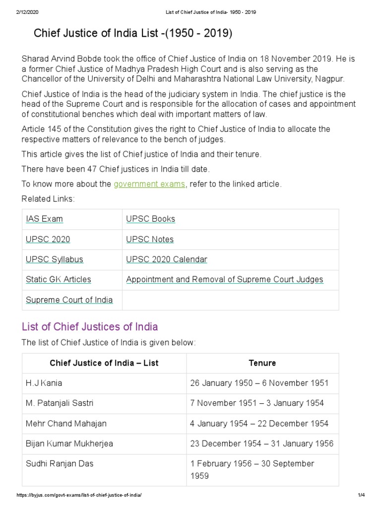 List of Chief Justice of India - 1950 - 2019 | PDF | Supreme Court Of ...