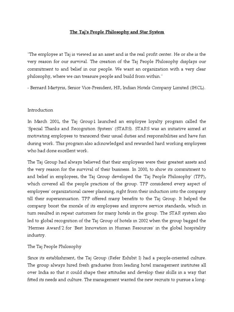 The Taj's People Philosophy and Star System | PDF | Employee Retention ...