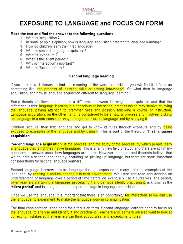 1 Exposure. Text and Questions | PDF | Language Acquisition | Second ...