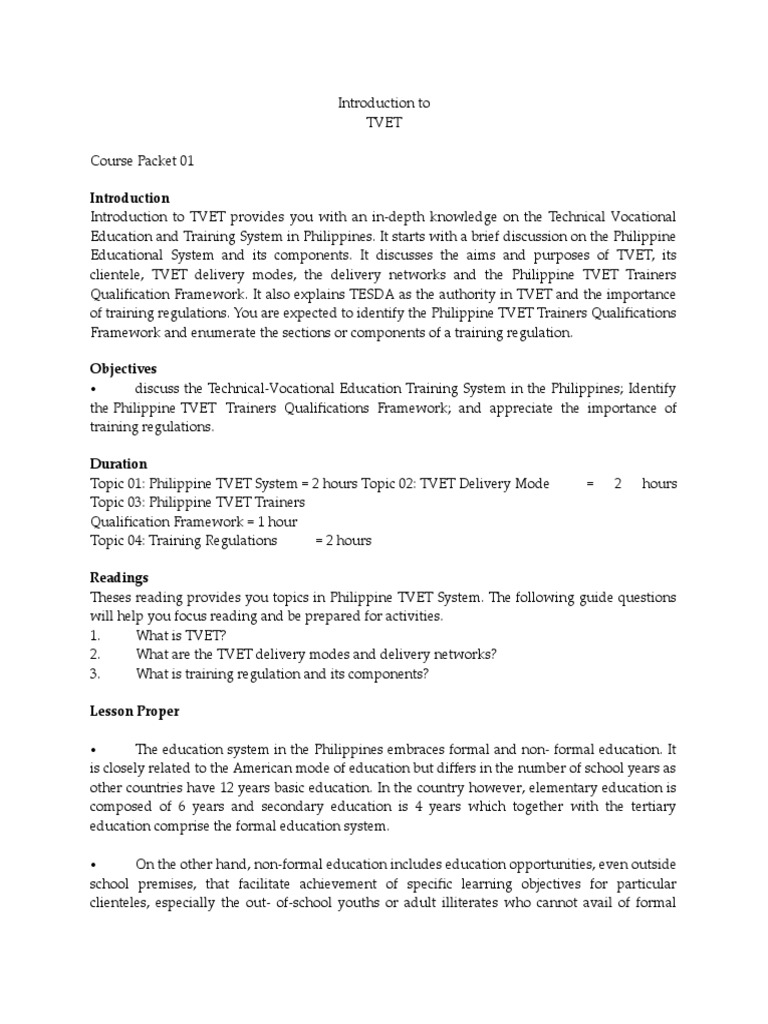 Course Packet 01 Introduction To TVET | PDF | Vocational Education ...