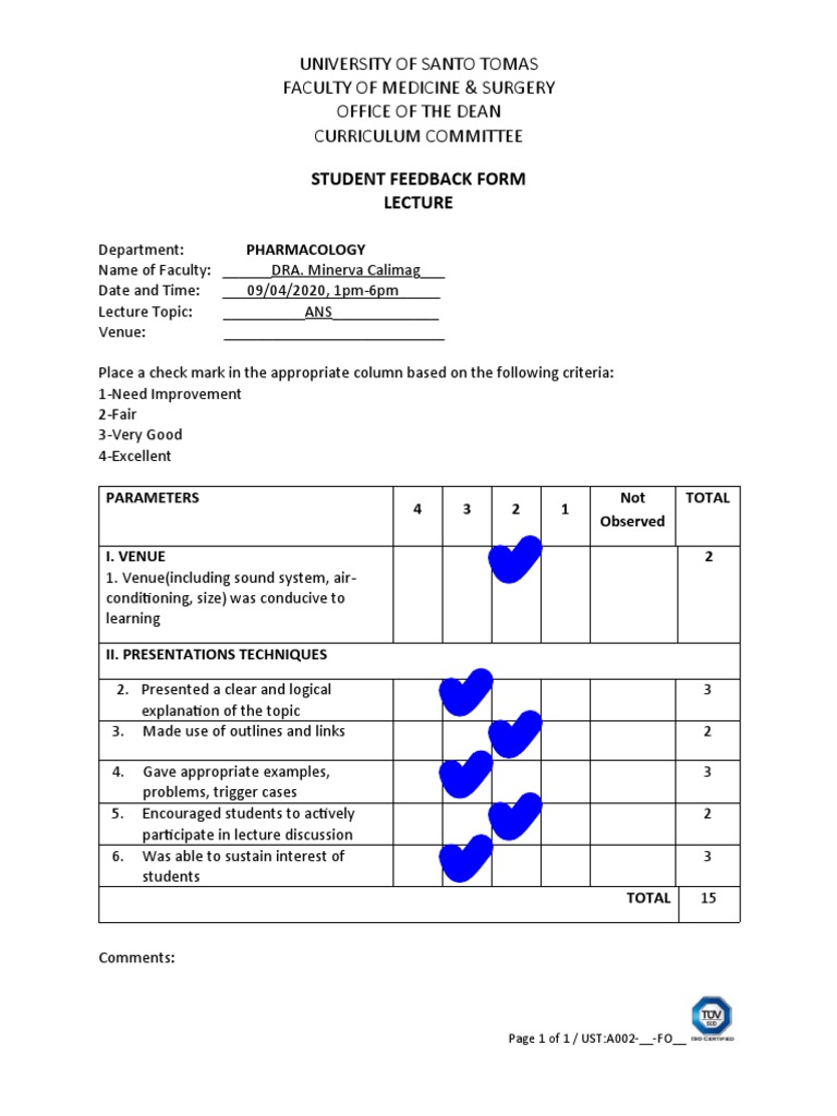 ANS. Lecture Feedback Form | PDF