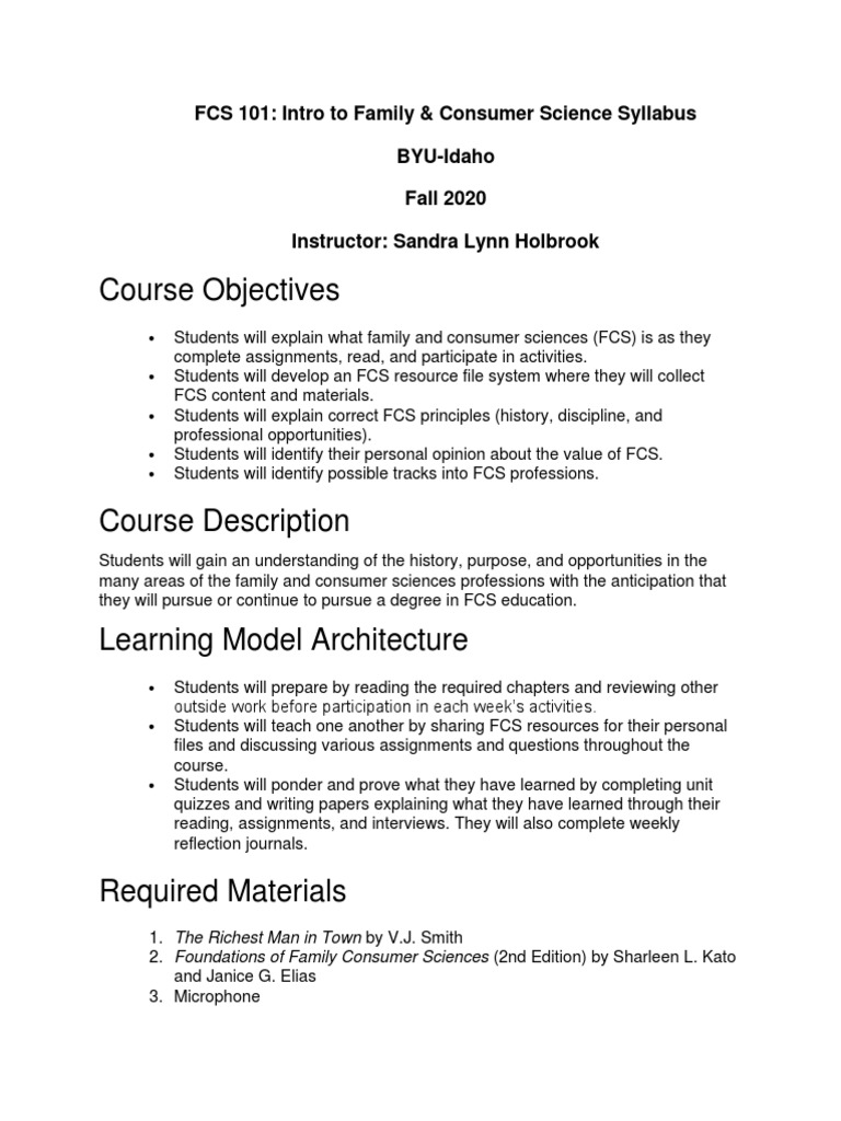 Fcs 101 Syllabus | PDF | Home Economics | Academic Dishonesty