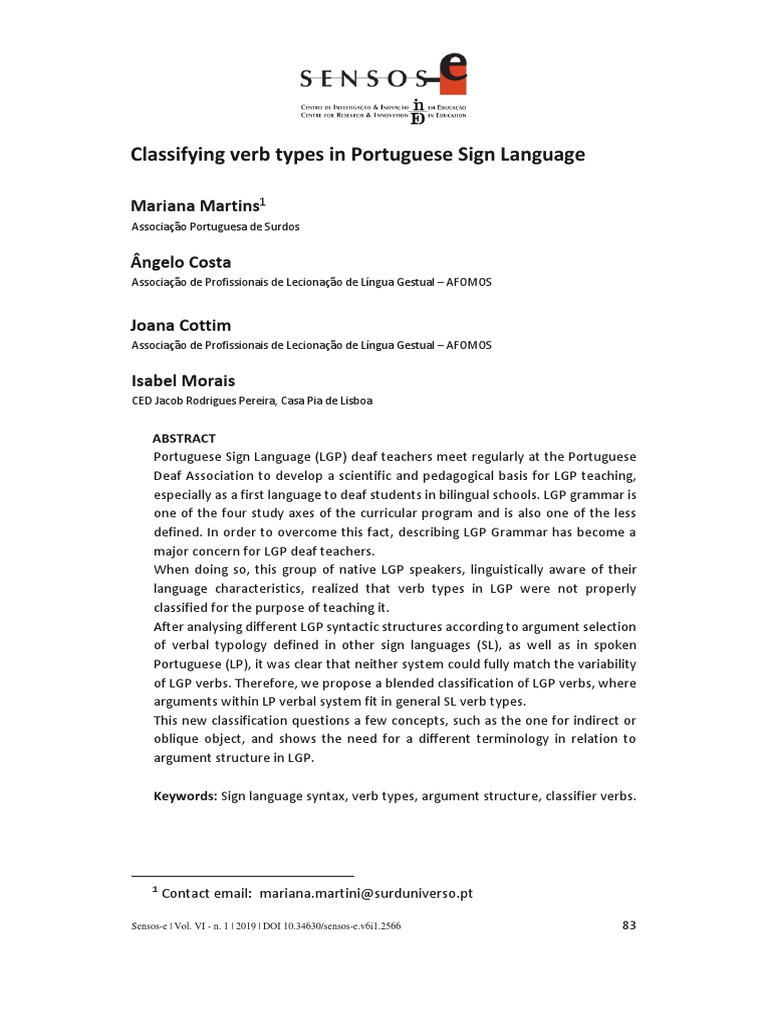 Classifying Verb Types in Portuguese Sign Language: Mariana Martins ...