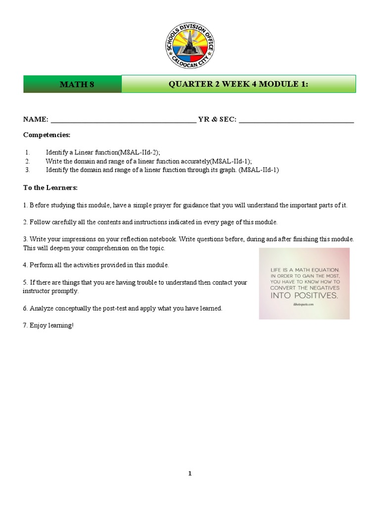 Domain and Range of A Function Math 8 Unit 2 Week 4 Module 1 Equal or ...