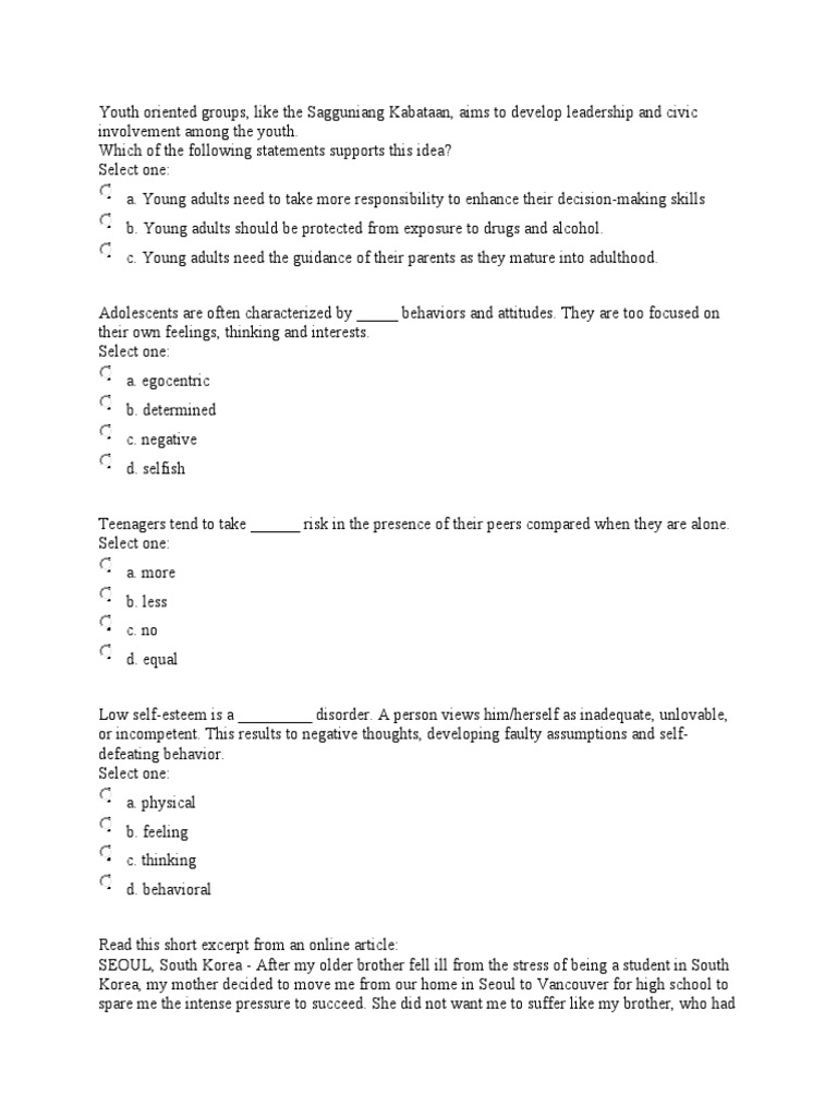 Personality Development Long Quiz | PDF | Adolescence | Psychological ...