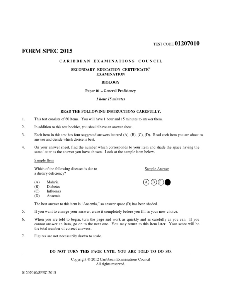CSEC Biology June 2015 P1 Specimen Paper PDF | PDF | Science & Mathematics
